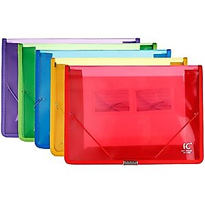Eco-Friendly Plastic File Folders, Expandable Poly Envelope File Wallet File Document Folder with Elastic Cord Closure and Card Slot,Durable&Waterproof for Office Home School -5 Colors