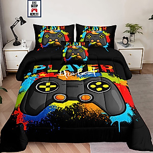 6 Pieces Bed in a Bag for Gaming Bedding Set,Boys Gamer Comforter Set with Flat Sheet,Fitted Sheet,Pillowcases,Cushion Cover,Game Console Pattern Bed Set for Kids Boys Room Decor