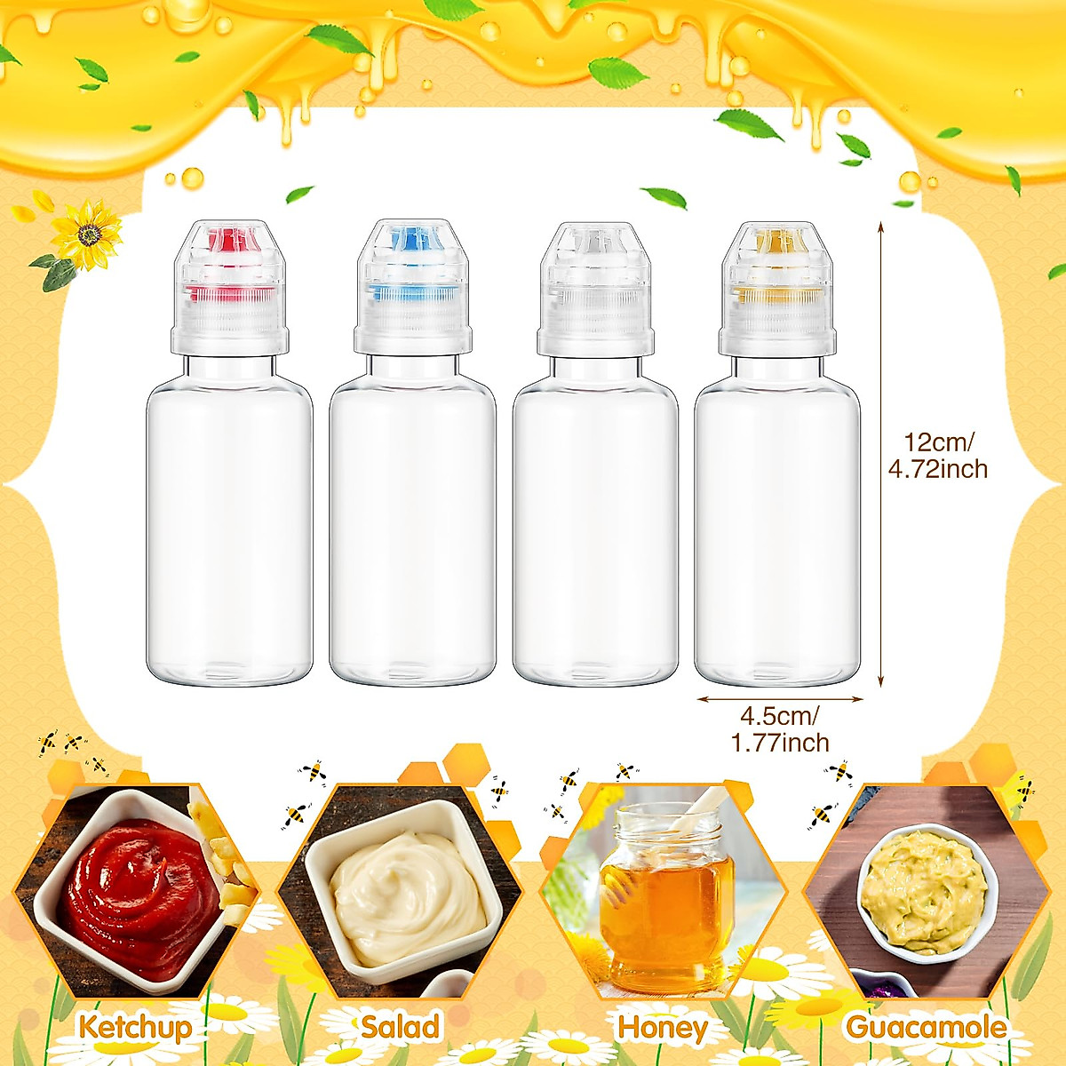 Tioncy 20 Pcs Mini Condiment Squeeze Bottle 3.2 oz Plastic Condiment Dispenser Camping Condiment Containers with Flip Top Reusable Travel Condiments for Honey, Syrups, Ketchup, Salad Dressing, Oils