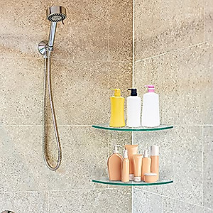 Sanbege 2 Pcs Tempered Glass Corner Shelf with 8 Brackets, 12" x 12" Floating Shower Caddy, Wall Mounted Shampoo Holder Organizer for Bathroom, Kitchen, Living Room