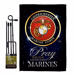 Breeze Decor Pray United Garden Flag Set with Stand Armed Forces Marine Corps USMC Semper Fi State American Military Veteran Retire Official House Yard Gift Double-Sided, Made in USA