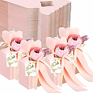 TaoBary 50 Pcs Bridal Shower Party Favor Boxes DIY Wedding Favors Candy Boxes with Ribbon and Flower Flower Party Favor Boxes for Engagement, Bridal Shower Party, Wedding Decorations (Pink)