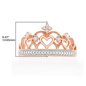 14K Rose Gold Plated .925 Sterling Silver 1/10 Cttw Diamond Heart Crown Ring (I-J Color, I2-I3 Clarity) - Size 7