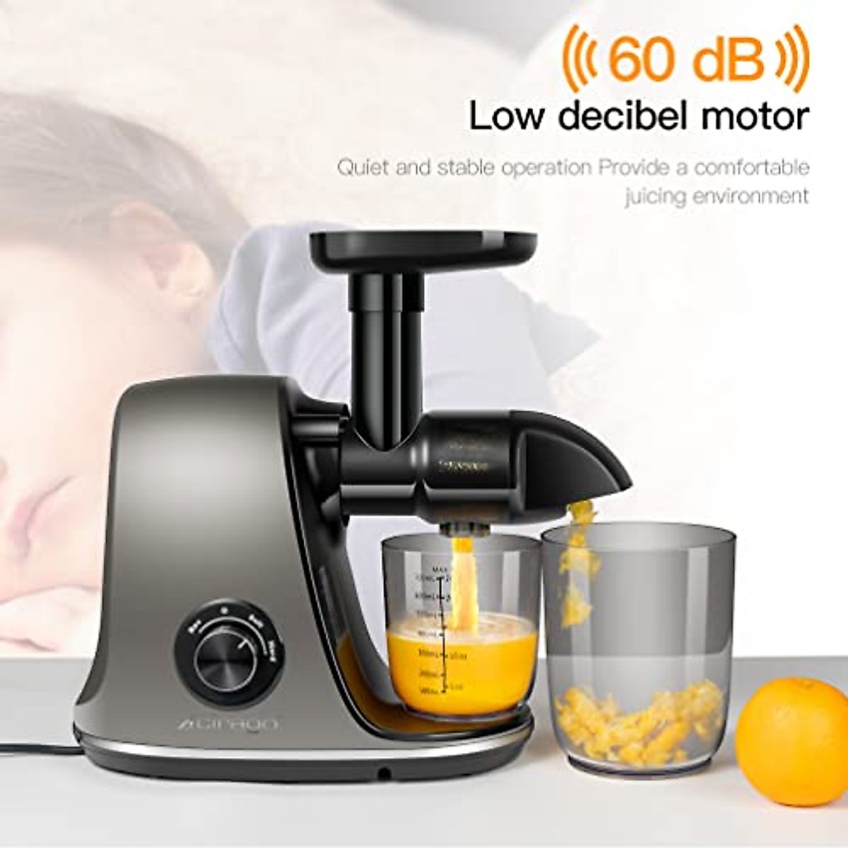 CIRAGO Juicer Machines, Slow Masticating Juicer Extractor Two Speed Adjustment, Easy to Clean, Quiet Motor, Cold Press Juicer for Vegetables and Fruits, BPA-Free (Grey)
