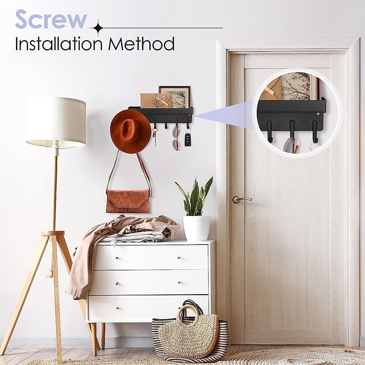 VIS'V Key Holder Wall Mount, Matte Black Stainless Steel Key Mail Holder Small Key Rack with Tray Adhesive Key Hanger Mail Storge Organizer with 6 Key Hooks for Entryway Hallway Doorway