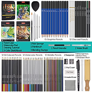 PANDAFLY 80 Pack Drawing Set Sketching Kit, Pro Art Supplies with 3-Color Sketchbook, Watercolor Pad, Colored, Graphite, Charcoal, Metallic Pencil, for Artist Adults Kids Beginner