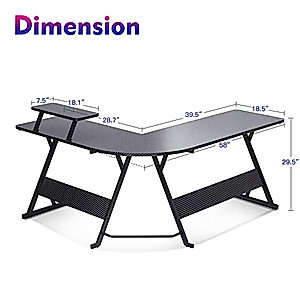 MOTPK L Shaped Gaming Desk 58 Inch, Gaming Computer Desk L Shape with Carbon Fiber Surface, Gamer Desk Gaming Table with Monitor Shelf, Cup Holder & Headphone Hook, Black
