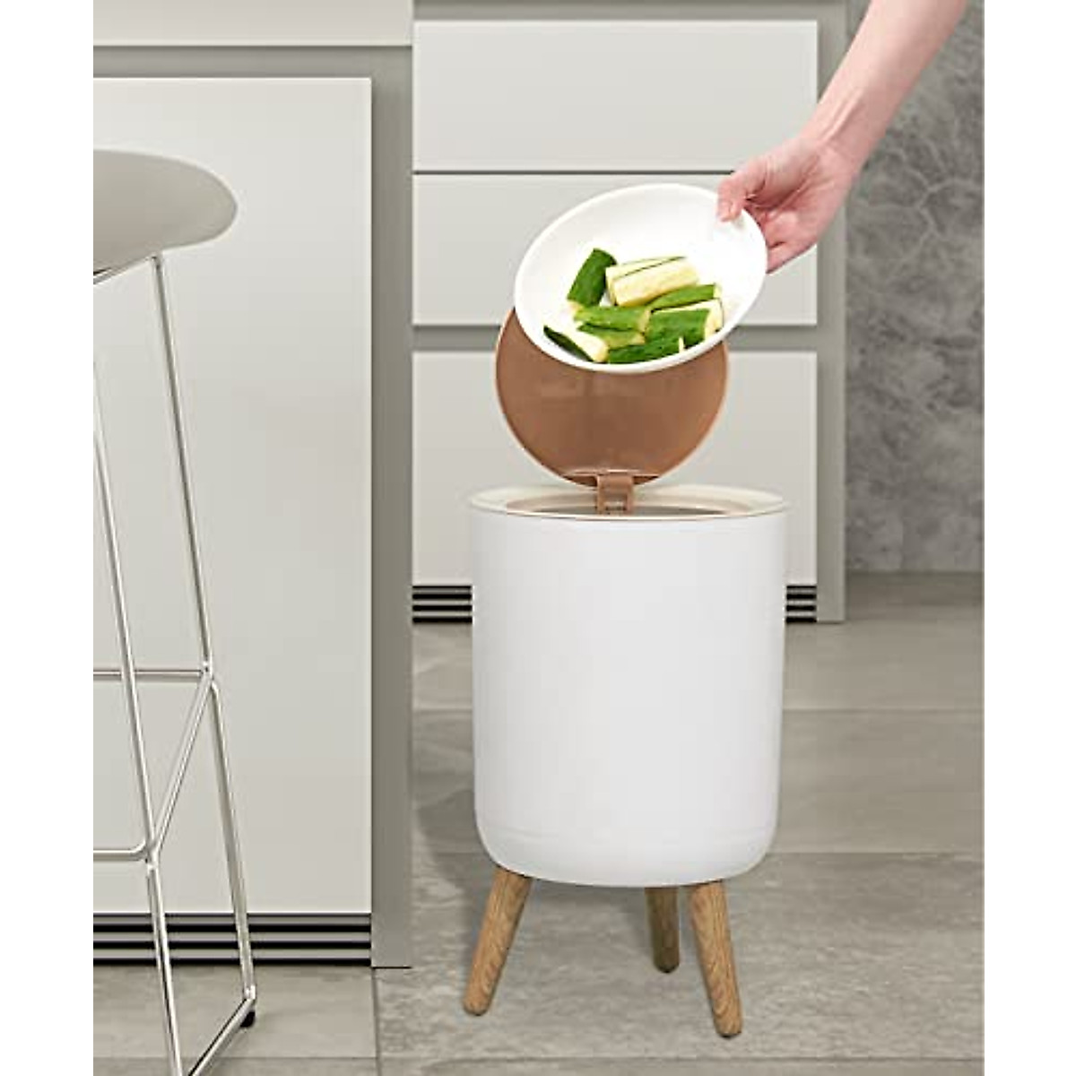 Trash Can | 7 Liter (1.8 Gallon) / 2 Liter (0.5 Gallon) | Push-to-Open Lid | Premium Plastic Wood Grain Nordic Minimalist Modern Waste Basket for Kitchen, Bathroom, Bedroom, Living Room, Office (1.8 Gallon (7L))