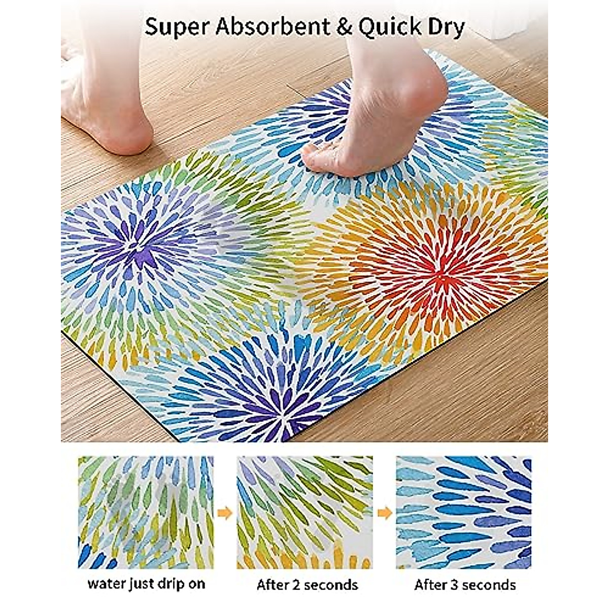 Gogobebe Super Absorbent Diatom Mud Mat Boho Watercolor Floral Summer Quick-Drying Thin Bath Mat Non-Slip Bathtub Mat Anti-Skid Rubber Bathroom Shower Mat 20x32in