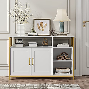 HITHOS Sideboard Buffet Cabinet, Gold Storage Cabinet with Doors and Adjustable Shelves, Modern Coffee Bar Cabinet Accent Cabinet for Kitchen, Dining Room, Living Room, Entryway, Gold/White