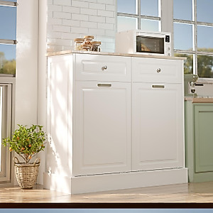 Usinso Double Trash Can Cabinet, Double Tilt Out Trash Cabinet with Hideaway Holder Drawers, Modern Standing Trash Cabinet for Kitchen, Living Room, Laundry Room (White)
