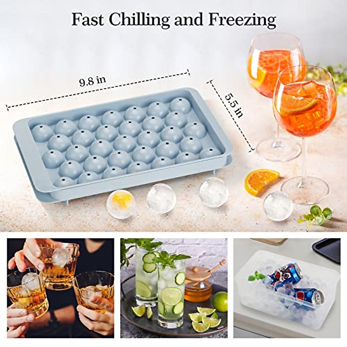 Zimmoo Ice Cube Tray, Round Ice Cube Trays for Freezer with Lid & Bin, 1.2 IN X 99 PCS Sphere Ice Ball Maker Molds Circle Ice Tray for Whiskey Cocktails Drinks (3 Trays 1 Ice Container and Scoop)