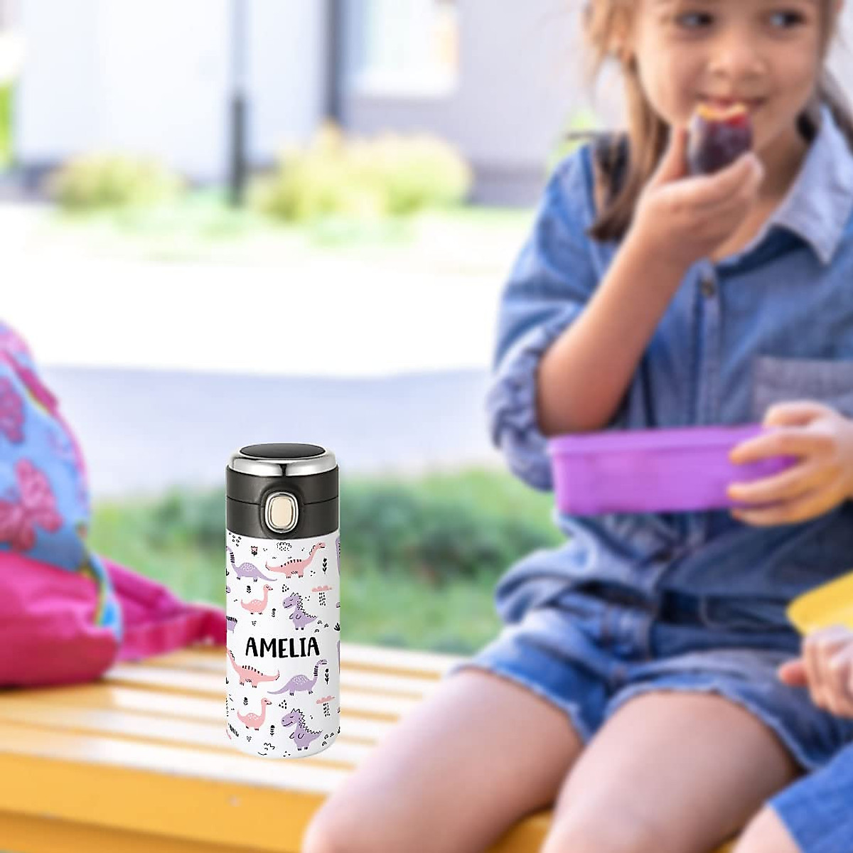 Andaz Press Personalized Kids Tumbler Dinosaur Kids Stainless Steel Water Bottle with Leakproof Flip Lid- 10oz BPA-Free Tumbler For Boys, Girls, Students, Birthday Party Favors Gifts, 1-Pack