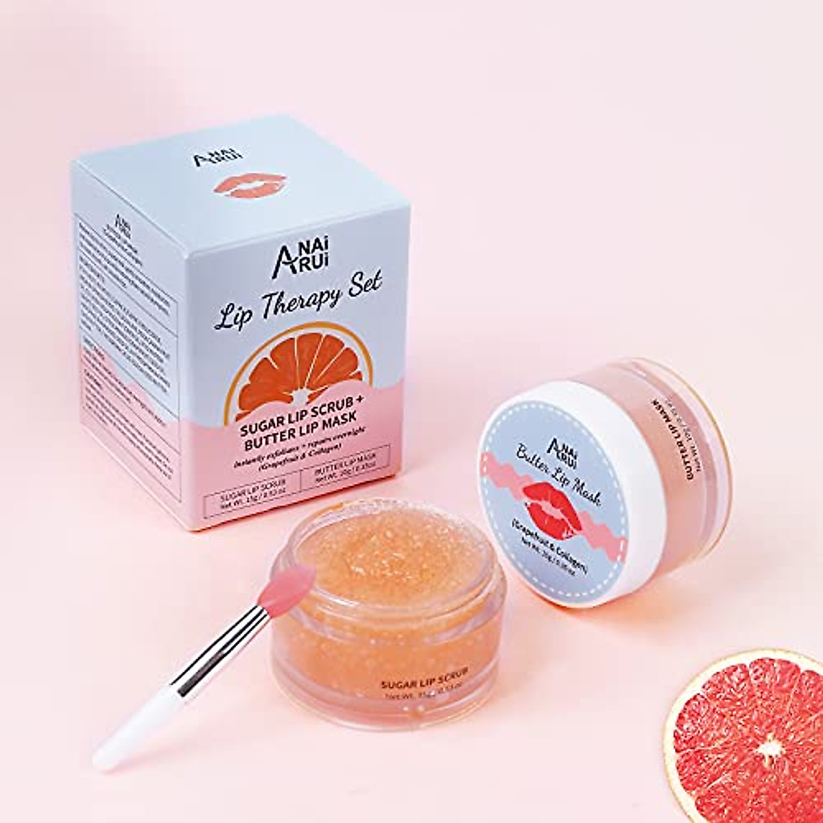 ANAIRUI Lip Therapy Set - Collagen Lip Care Kit - Lip Sleeping Mask & Sugar Lip Scrub, Lips Plumping Mask for Lip Line Wrinkle Treatment, Lip Balm & Moisturizer for Dry Chapped Lips, Exfoliating Repairing Lips Overnight (Grapefruit & Collagen)