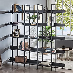KIVENJAJA Triple Wide 5-Tier Bookshelf, Industrial Display Bookcase with Metal Frame, Tall Open Storage Book Shelves for Bedroom, Living Room, Home Office (Black)