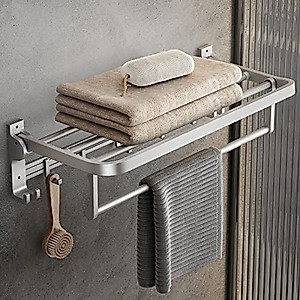 MUSTORN Towel Rack Wall Mount for Bathroom with Towel Bar and Hooks 23.6 in Foldable Towel Shelf Lavatory Towel Organizer Matte Silver