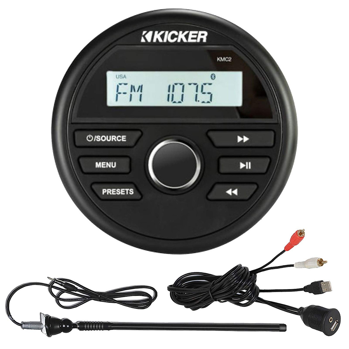 Kicker KMC2 Marine Gauge Style AM/FM Radio Stereo Receiver Media Player Bundle Combo With Enrock USB/AUX To RCA Interface Mount Cable, 45" Radio Antenna Mast