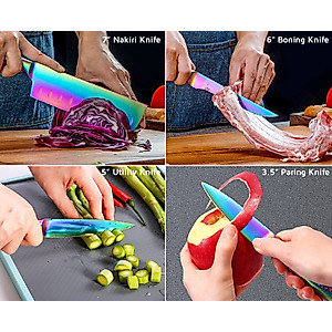 WELLSTAR Rainbow Knife Set 16 Pieces with 8 Knives and 8 Blade Guards, Iridescent German Stainless Steel Kitchen Knives with Durable Sheath Cover, Colorful Titanium Coated Chef’s Cooking Knife Set
