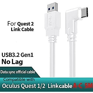TNE 16ft Link Cable for Oculus Quest 2 & Quest 1 for PC Gaming & Charging | High Speed Data Transfer & Fast Charger Cord 90 Degree Angled Type C USB3.2 Gen1 to USB Type A Power Cable (16ft/5M, White)