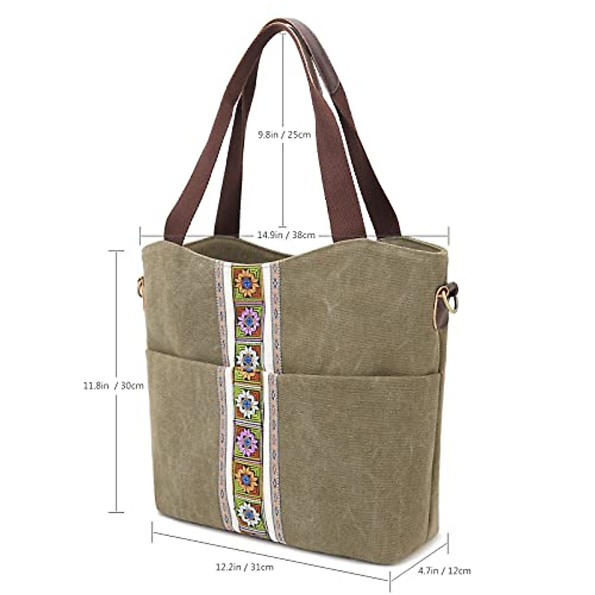 SILKAREA Women's Vintage Embroidery Canvas Shoulder Bag Hobo Daily Purse Multi Pocket Large Tote Top Handle Shopper Handbag (Army Green)