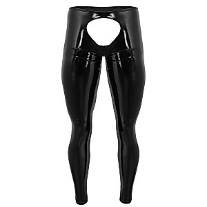 TiaoBug Men's Wet Look PVC Leather Hollow Pouch Tight Pants Leggings Trousers Black 3X-Large