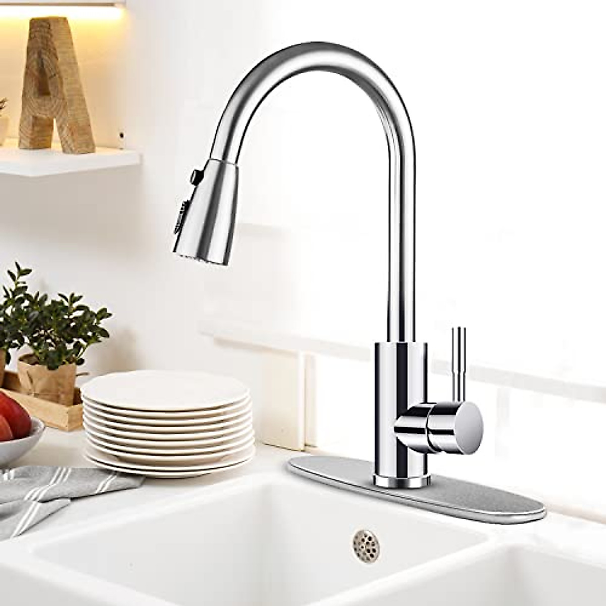 Upgrade Pull Down Kitchen Sink Faucet - Single Handle Kitchen Faucet with Sprayer,Commercial Low Lead High Arc with Deck Plate,Stainless Steel Brushed Nickel
