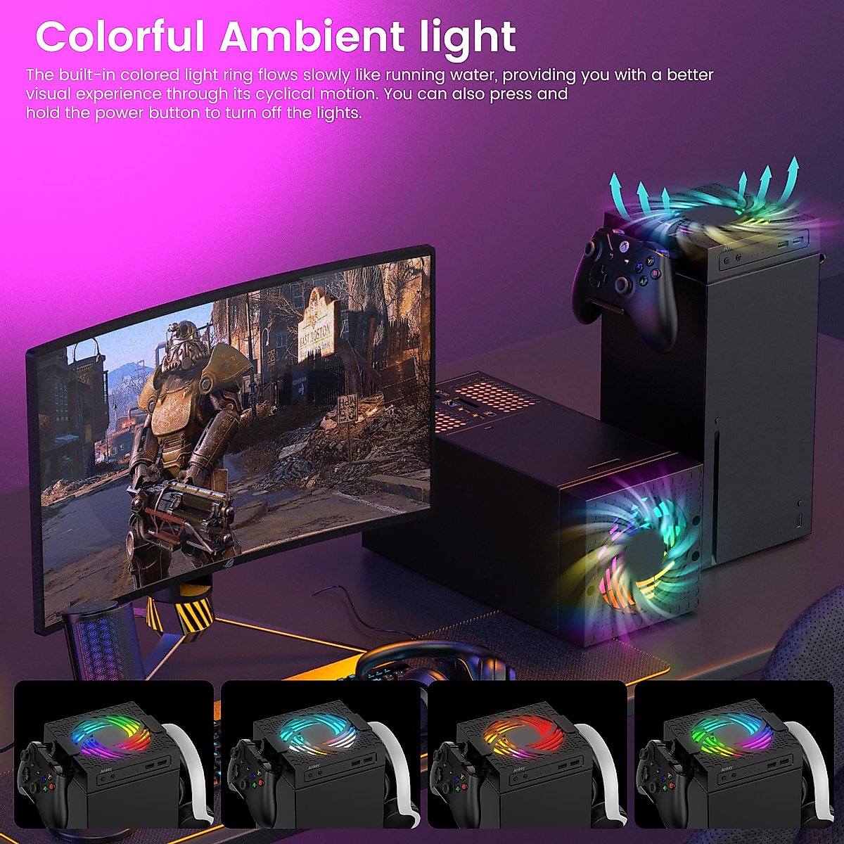 Ankey Automatic Cooling Fan for Xbox Series X Console, Temperature-Controlled Cooling Fan System 2 Holders for Controller Headphone Low Noise RGB Light 2 USB Ports for Charging & Data