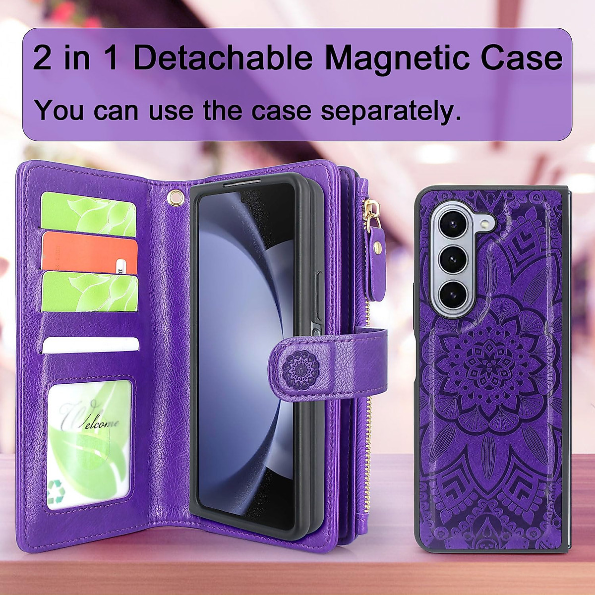 Harryshell Detachable Magnetic Case Wallet with Cash Coin Zipper Pocket 12 Card Slots Holder Wrist Strap Lanyard for Samsung Galaxy Z Fold 5 5G Z Fold5 (2023) (Flower Purple)