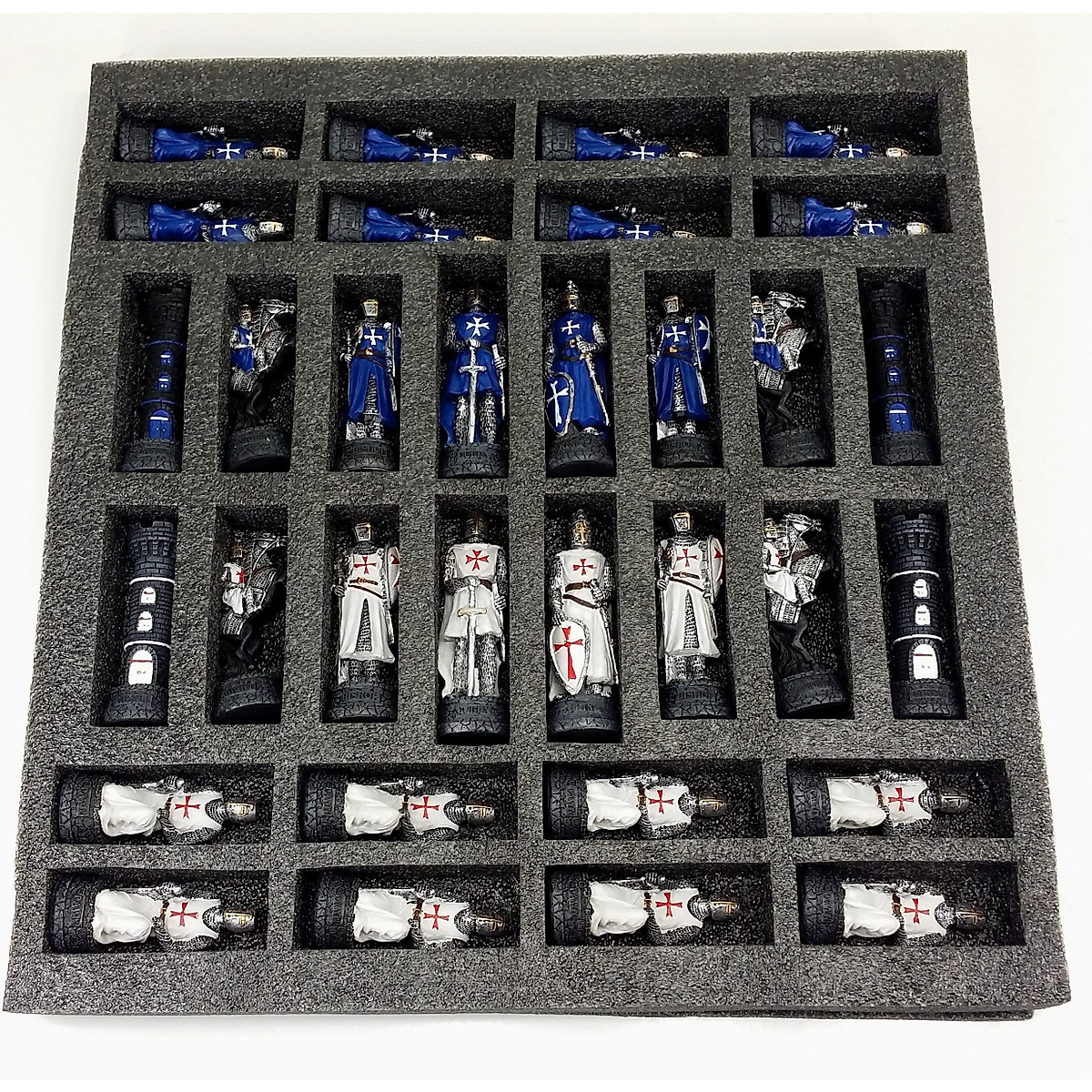 Medieval Times Crusades Warrior Chess Set Blue & White Maltese Cross with 16 1/2" Mossaic Color Board