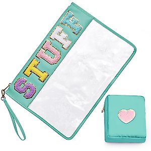 BAGMIND Large Chenille Letter Bag, 2 PCS Preppy Stuff Clear Bag, PU Waterproof Snack Makeup Sunscreen Bag Travel Cosmetic Pouch, Gift for Women Girls