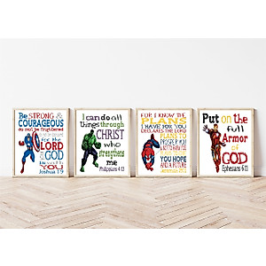 Superhero Christian Nursery Set of 4 Unframed Prints - Captain America, Hulk, Ironman and Spiderman with Bible Verses