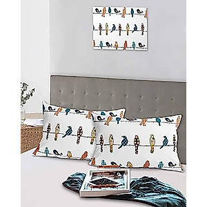 Edwiinsa Orange Teal Plaid Pillow Covers Standard Size Set of 2 20x26 Bed Pillow, Rustic Turquoise Spring Floral Birds Plush Soft Comfort for Hair/Skin Cooling Pillowcases with Envelop Closure