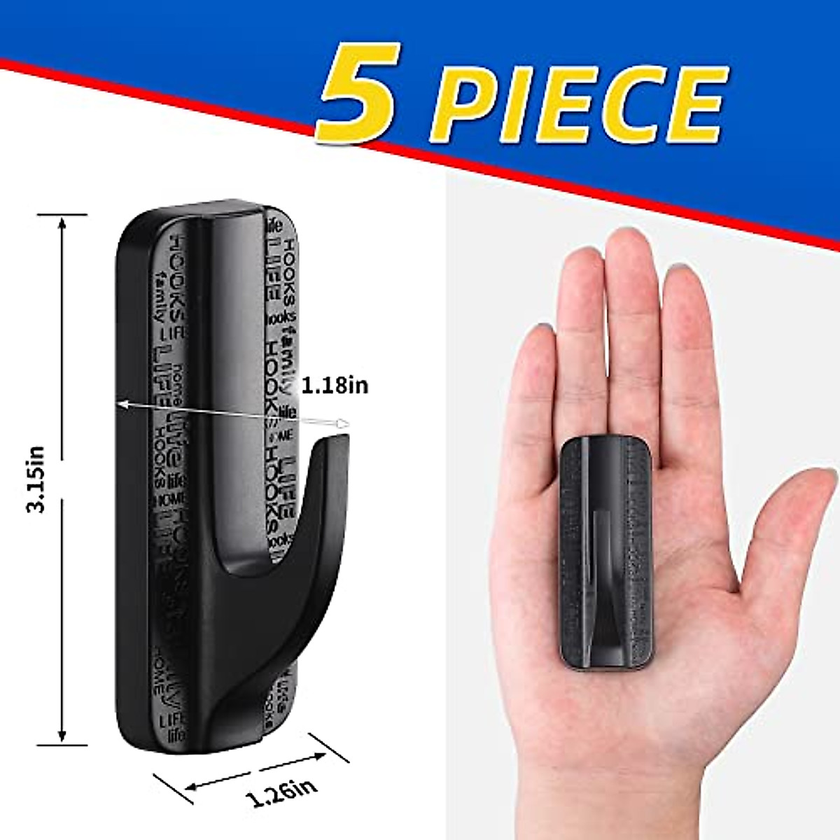 ALOCEO Wall Sticky Hooks for Hanging Shower Hooks for Bathroom Kitchen Office Closet, 5 Pack 6 Adhesive Strips, Black