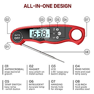 KANGYA In Oven Digital Meat Thermometer,Updated Dual Probe Instant Read Oven Safe with Alarm Function Big Back-light Screen Magnetic Portable for Food Meat Kitchen Outdoor BBQ Cooking Grill Smoker,Red