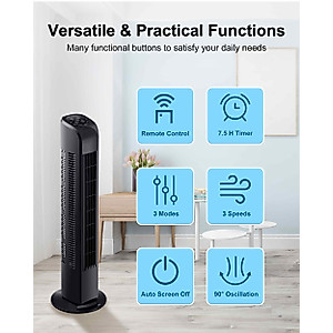 Uthfy Oscillating Tower Fan with Remote, Electric Standing Tower Fan Floor Fan for Bedroom Indoor Office and Home Use,Quiet Cooling Portable Bladeless Tower Fans, 30 inchs, Black Tower Fan