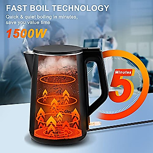 Electric Kettle, 100% Stainless Steel Interior Double Wall Electric Tea Kettle, 1500W Cool Touch Water Boiler, 1.5L, BPA-Free with Auto Shut-Off & Boil-Dry Protection, Cordless Base & LED Indicator