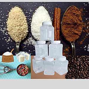 kelkaa 16oz Clear PET Plastic Square Wide Mouth Jars with Grip Handle and White Ribbed Lined Caps, BPA Free, Multi-Use Empty Containers, 63mm/400, Made in the USA (Pack of 6)