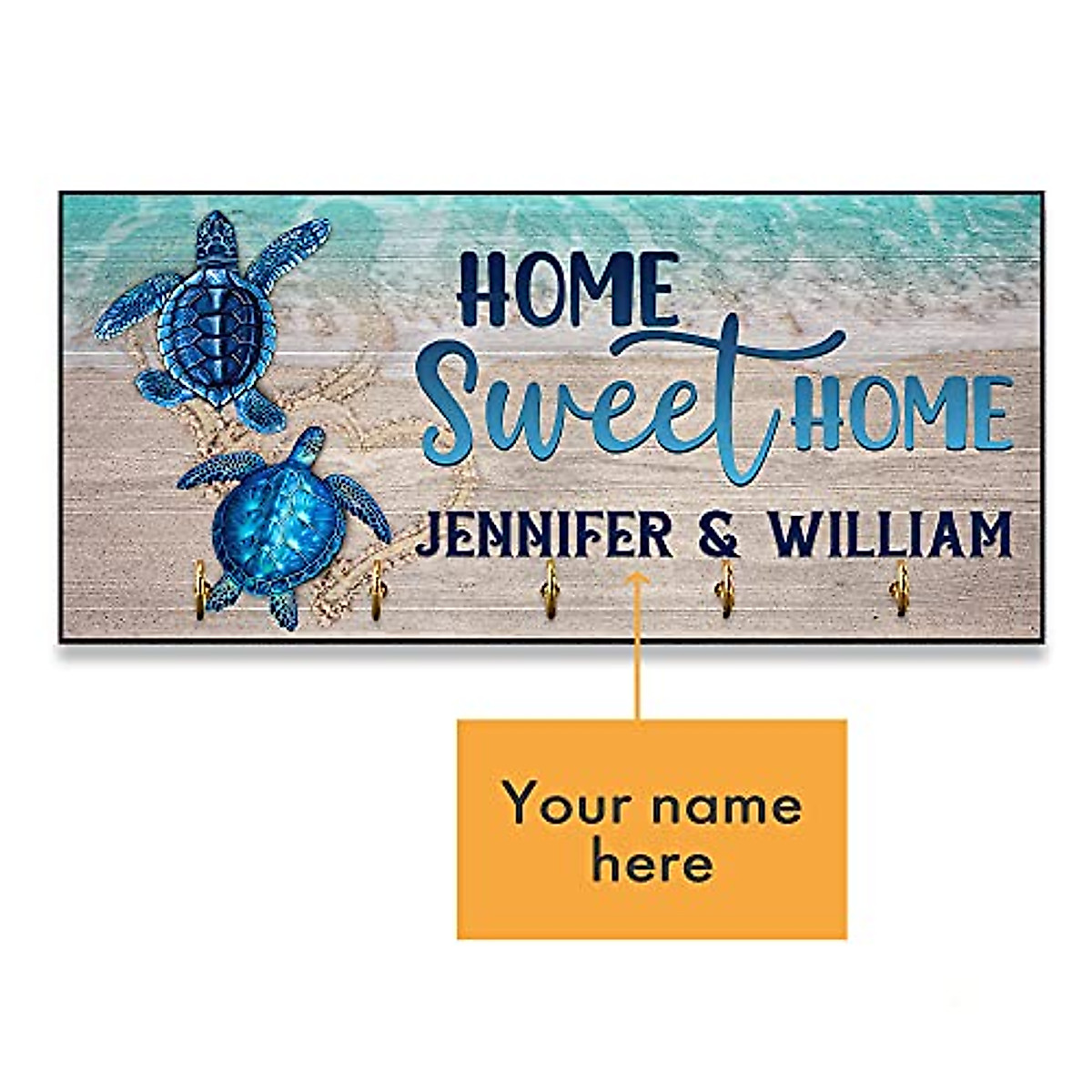 MUCHNEE Personalized Beach House Key Holder for Wall - Home Sweet Home, Customized Key Hook Decor for Kitchen, Living Room - Gifts with Custom Family Name for Couple, Wife, Husband, Family, Friends