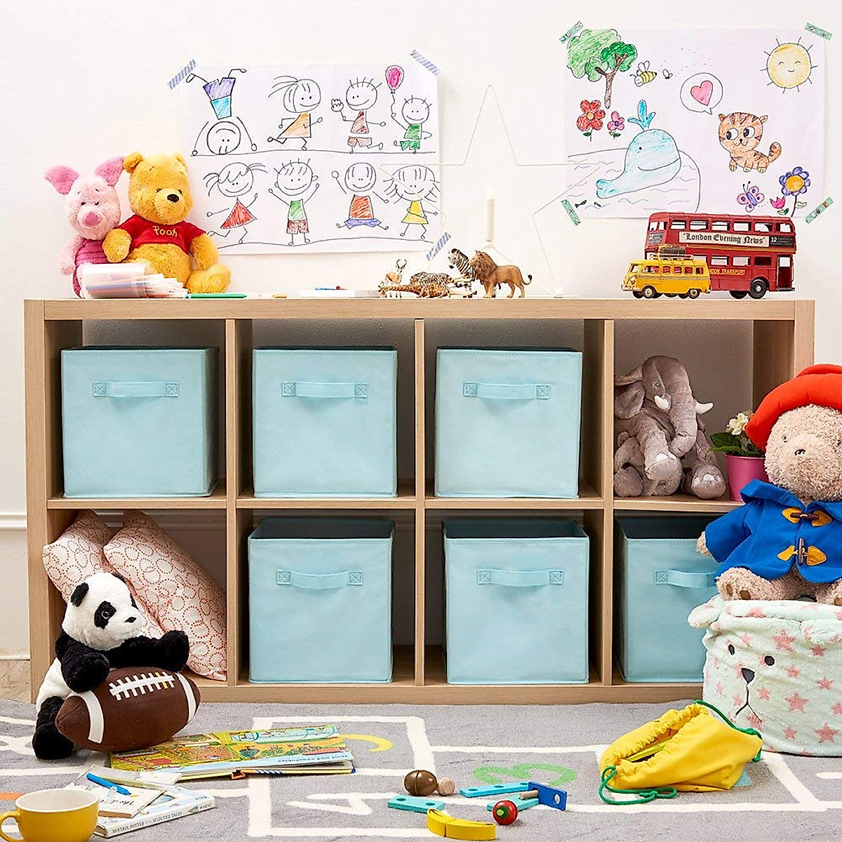 EZOWare Set of 12 Foldable Basket Bin Collapsible Storage Cube For Nursery, Kids Toys Organizer, Shelf Cabinet - ( Pale Dogwood + Light Blue)