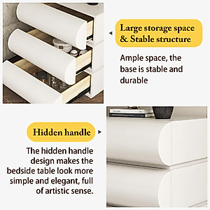 Modern Off White Nightstand with 3 Solid Wood Drawers - Leather Bedside Table for Bedroom/Living Room, Fully Assembled (19.7''H)