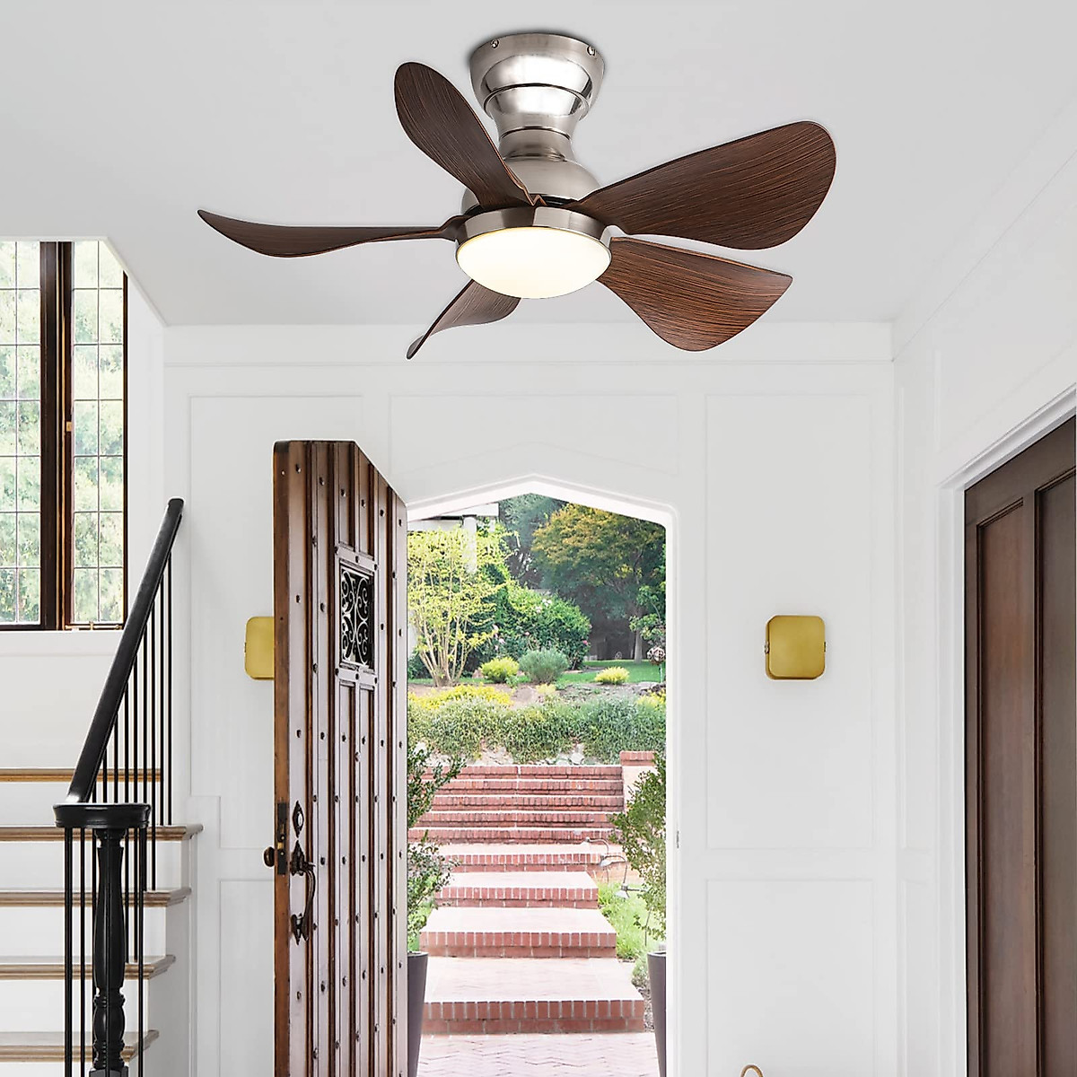 GESUM Ceiling Fan with Lights, 30 lnch Low Profile Ceiling Fan, 5 Reversible Blades, Flush Mount Ceiling Fan Light with 6 Speeds 3 Colors for Indoor Outdoor (Nickel-Walnut)