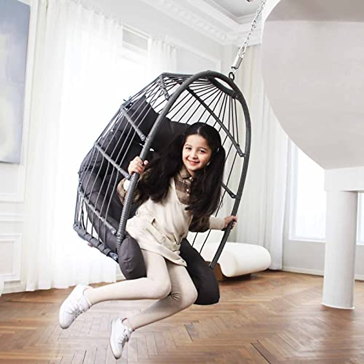 Swing Egg Chair Without Stand Indoor Outdoor Wicker Rattan Patio Basket Hanging Chair with UV Resistant Cushions 265lbs Capaticy for Bedroom Balcony Patio (Without Stand)