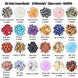 4mm Natural Mixed Materials Gemstones Beads Tiny Spacer Round Loose Beads Jewelry Making KIT with Thread and Needles 600 PCS(24 Natural, 4mm)