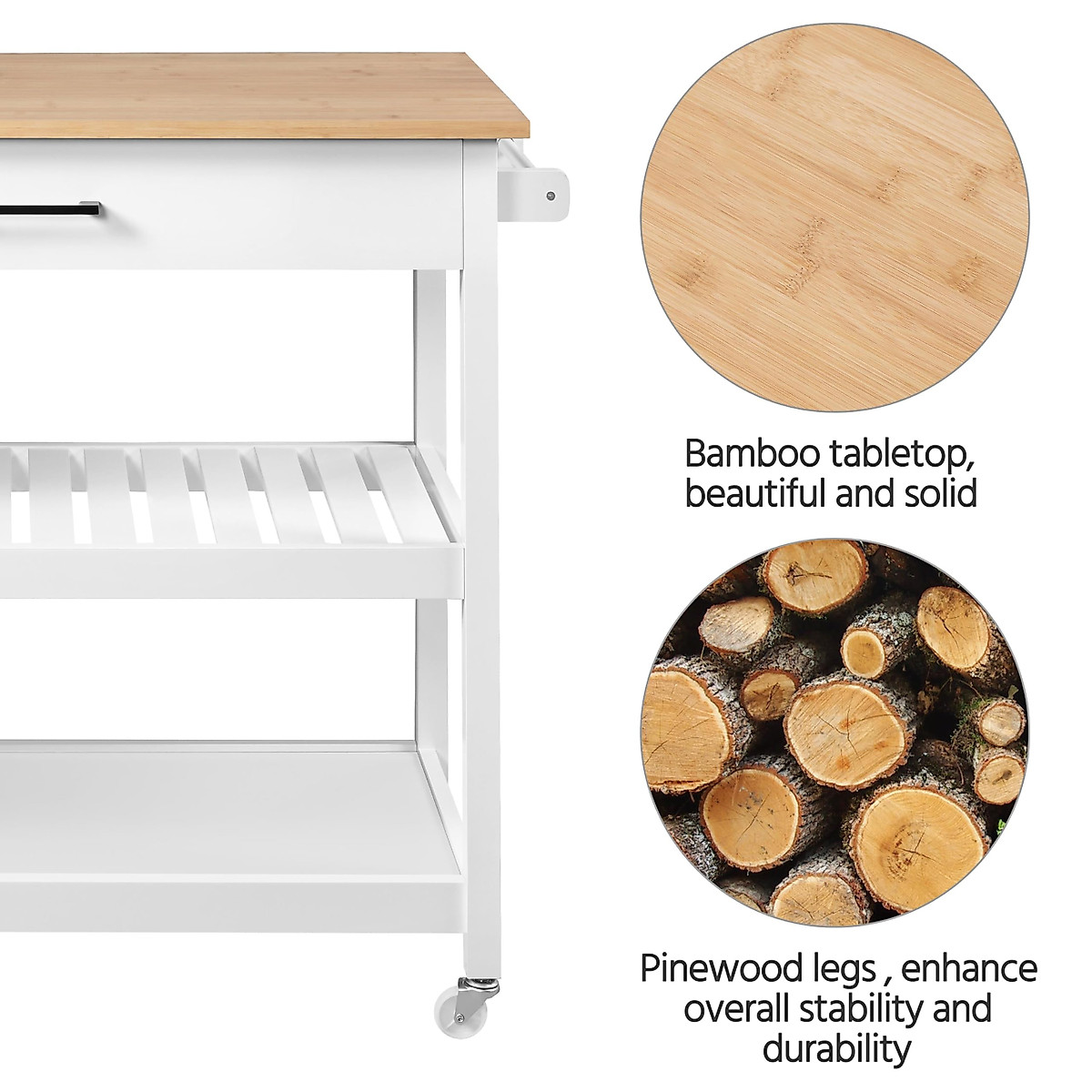 Yaheetech 40" Width Kitchen Island Cart on Wheels, 3 Tiers Rolling Utility Cart with Solid Wood Top and Drawer & 2 Spacious Storage Shelf, Serving Trolley for Dining Room, White