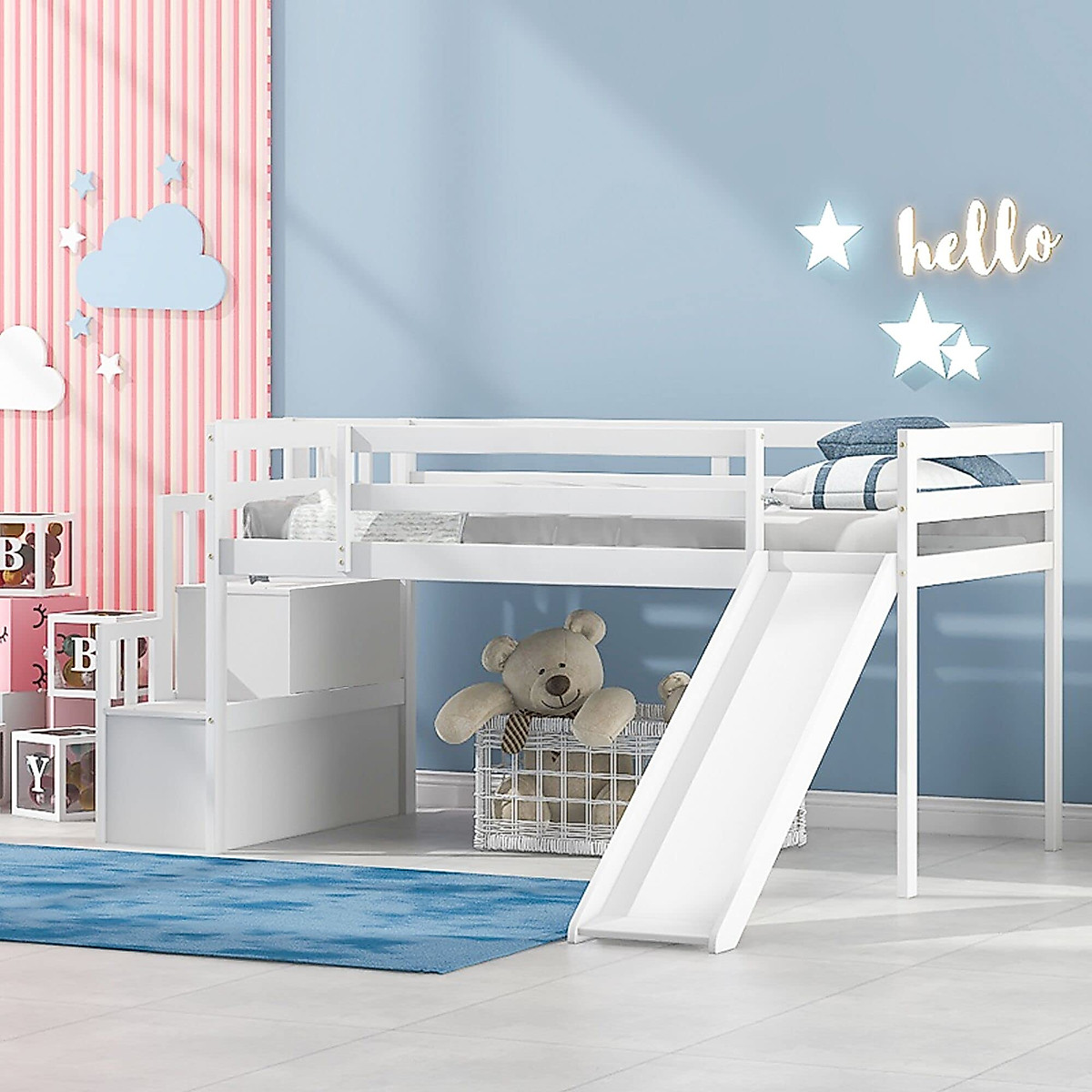 Harper & Bright Designs Kids Twin Loft Bed with Slide, Low Loft Bed Frame with Stairs and Storage Shelves, Slide Loft Bed for Boys and Girls, No Box Spring Needed,White