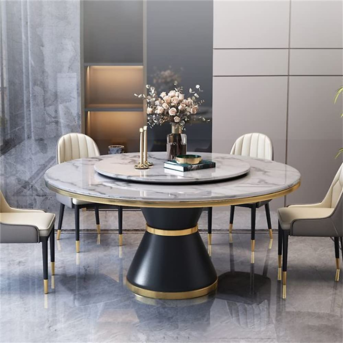 LAKIQ Modern Round Dining Table with Lazy Susan Marble Kitchen Dining Room Table Pedestal Dining Table(White Lazy Susan,47.2" L x 47.2" W x 29.5" H)