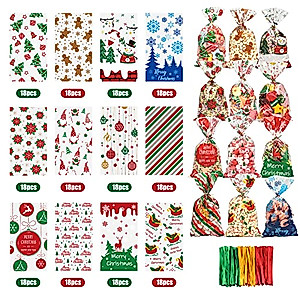 Moretoes 216pcs Christmas Treat Bags Cellophane Bags with 180pcs Twist Ties Snowflake & Gingerbread Man 12 Assorted Styles Goodie Bags for Christmas Party Supplies