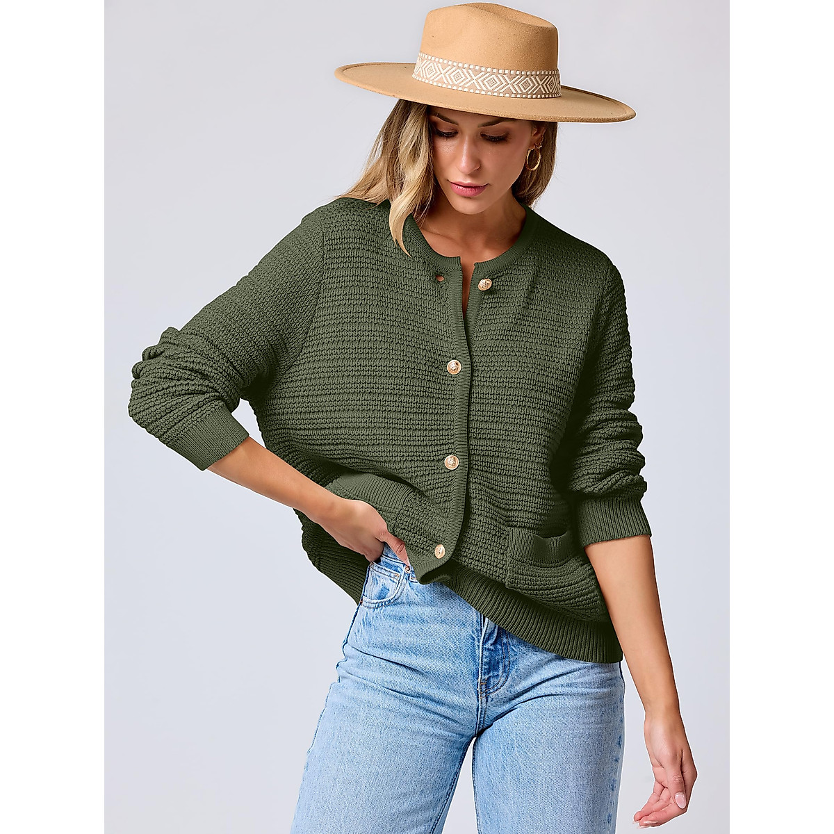 ANRABESS Women's Tweed Knit Cardigan Sweater Casual Long Sleeve Cropped Button Down Lady Jackets 2025 Spring Fashion Outwear Army Green Medium
