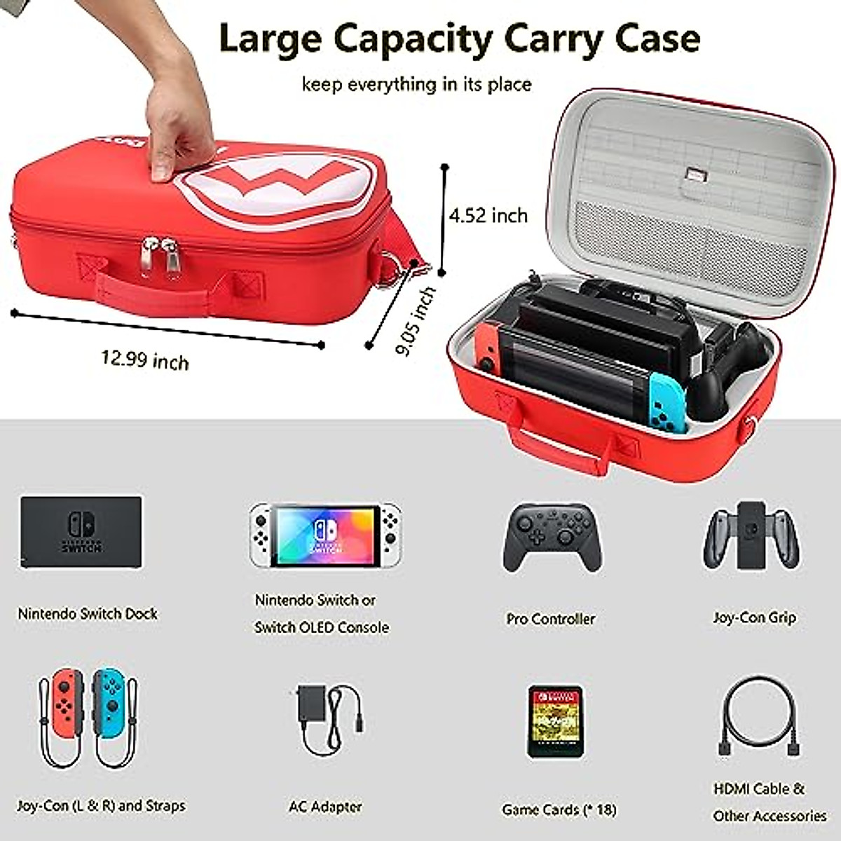 Mario Carrying Case for Nintendo Switch/OLED Model,Deluxe Portable Travel Case Messenger Bag fit Switch Console & Full Set Game Accessories with Mesh Pocket,18 Games & Removable Shoulder Strap