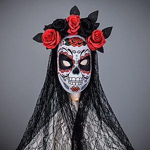 DDazzling Frida Flower Crown Mexican Headpiece Day of the Dead Floral Crown Halloween Floral Headband (Red Back Flower)